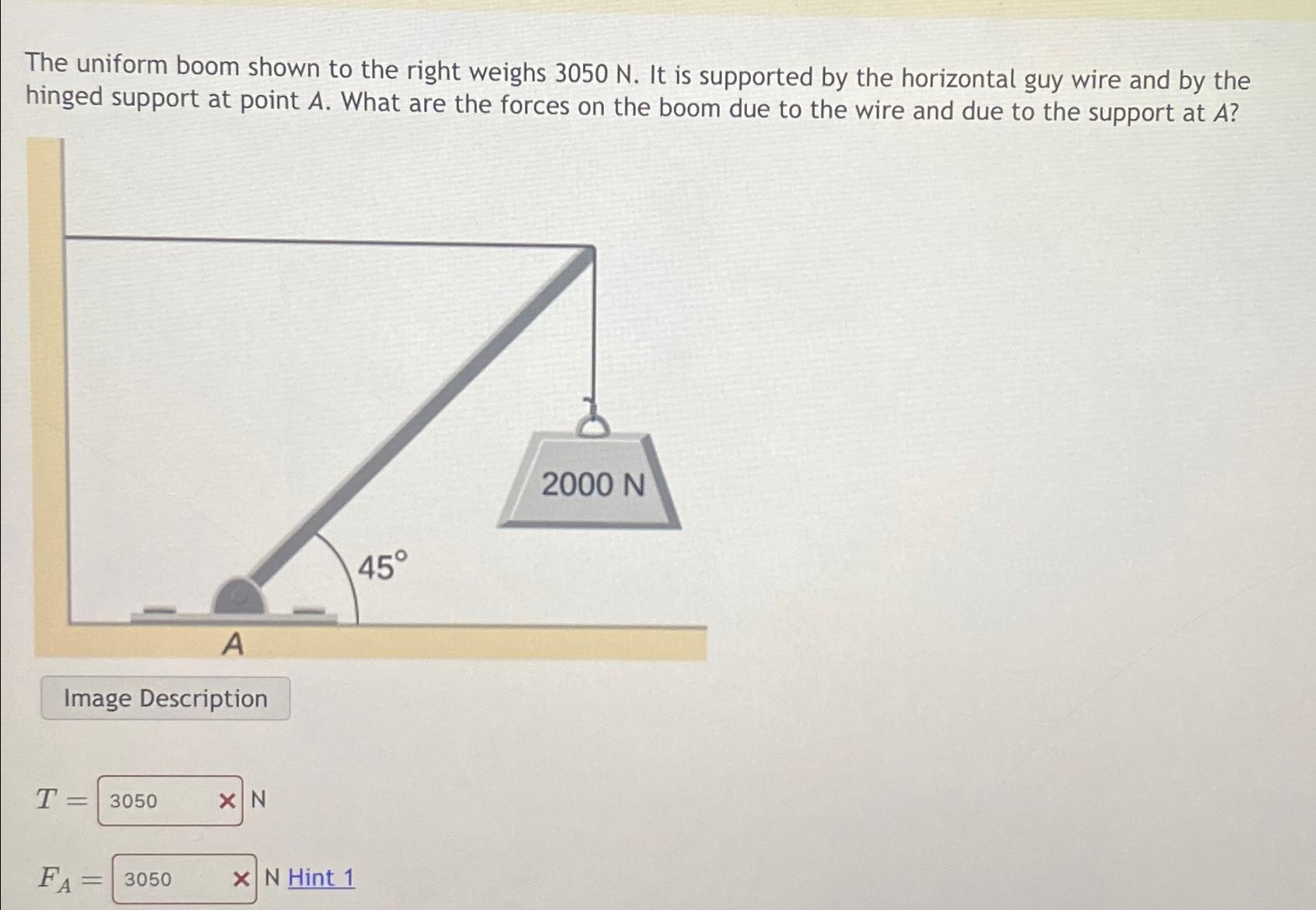 Solved The uniform boom shown to the right weighs 3050N. ﻿It | Chegg.com