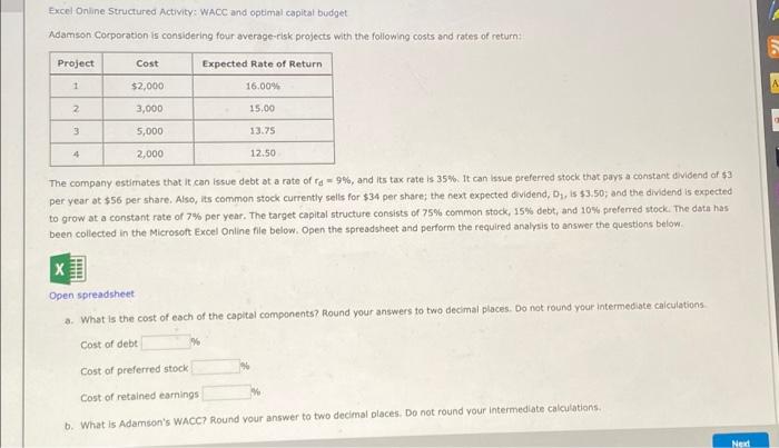 Solved Excel Online Structured Activity: WACC and optimal | Chegg.com