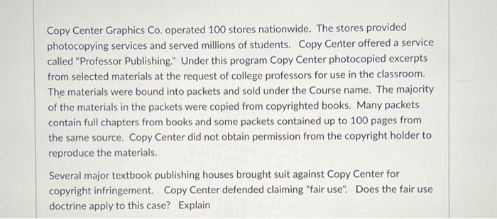 Solved Copy Center Graphics Co. operated 100 stores | Chegg.com