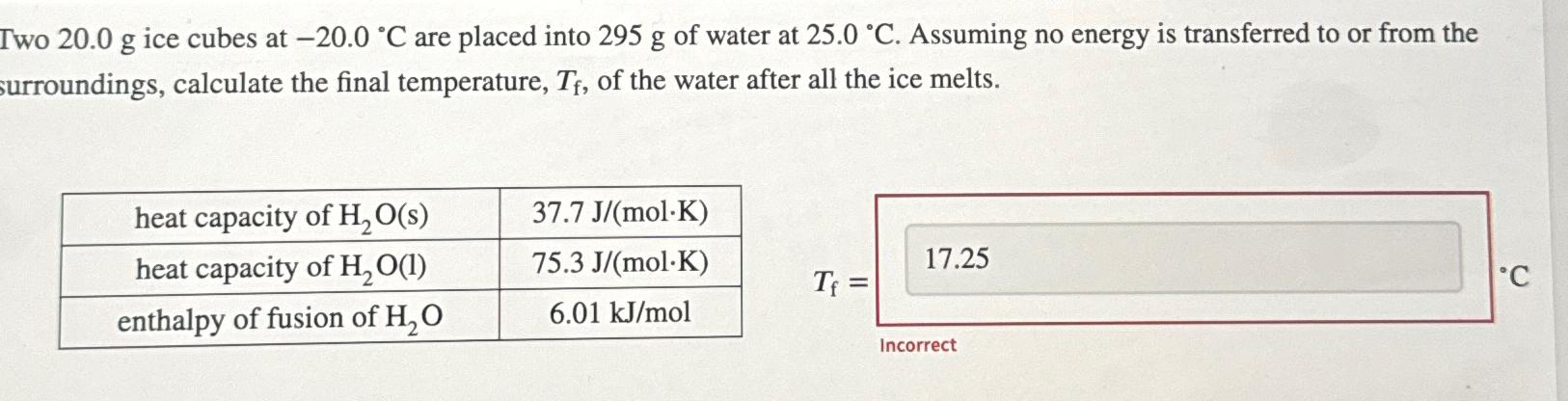 Solved Two 20.0g ice cubes at -20.0\\\\deg C are placed into | Chegg.com