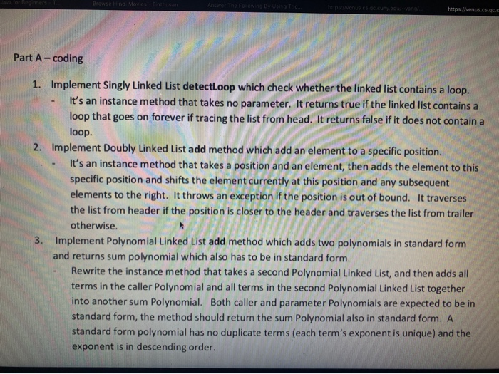 Solved https://venus.cs. Part A-coding 1. Implement Singly | Chegg.com