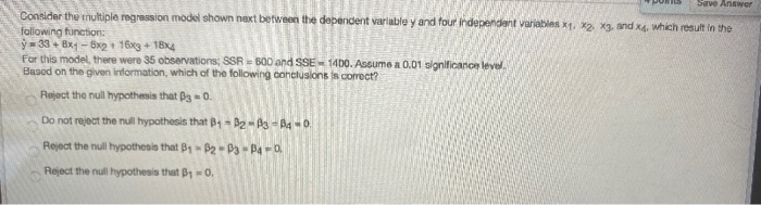 Solved Consider The Multiple Regression Model Shown Next 