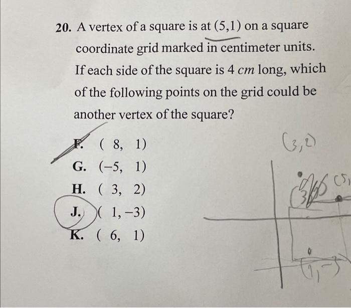 Solved 20. A vertex of a square is at (5,1) on a square | Chegg.com