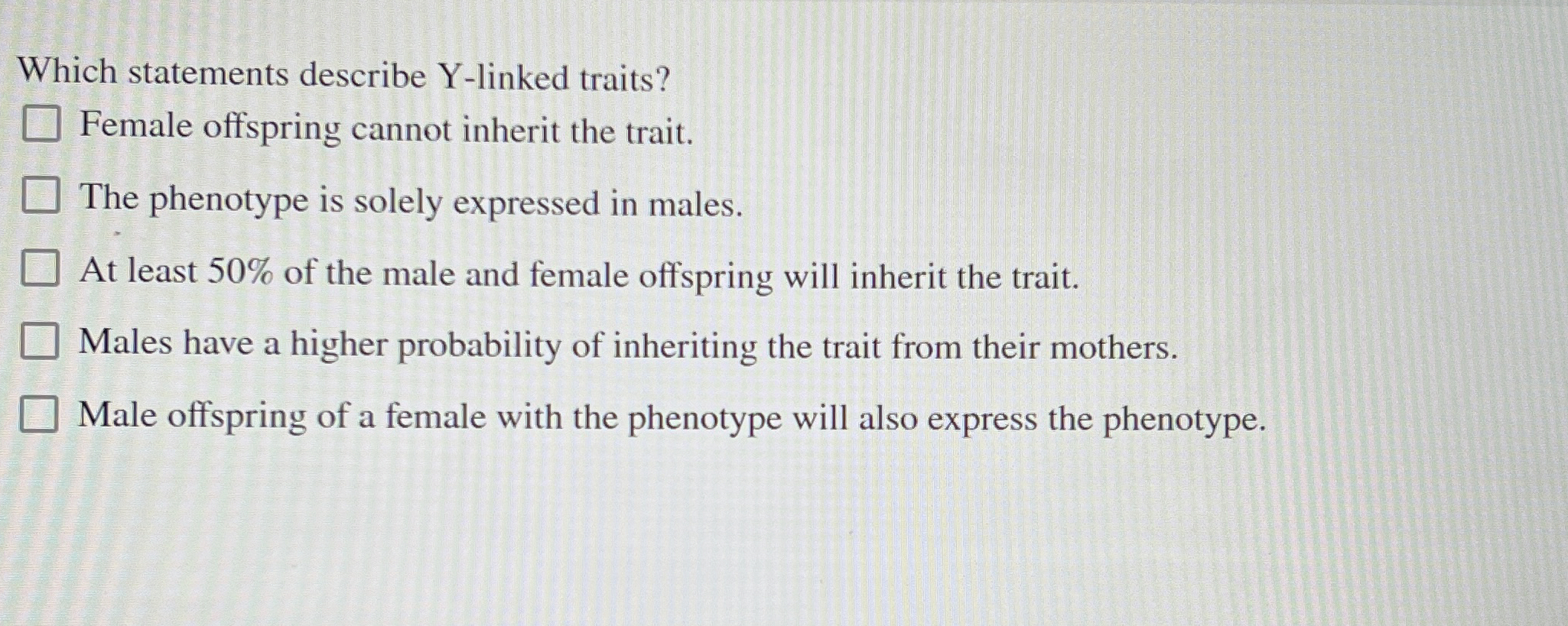 Solved Which statements describe Y-linked traits?Female | Chegg.com