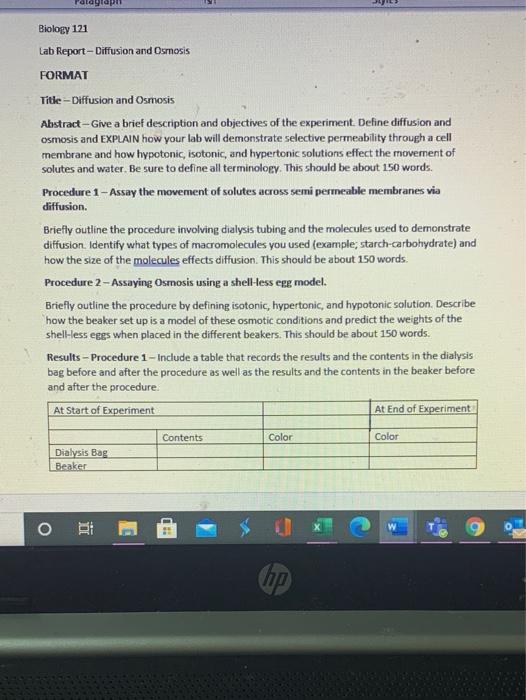 Biology 121 Lab Report -Diffusion and Osmosis FORMAT | Chegg.com