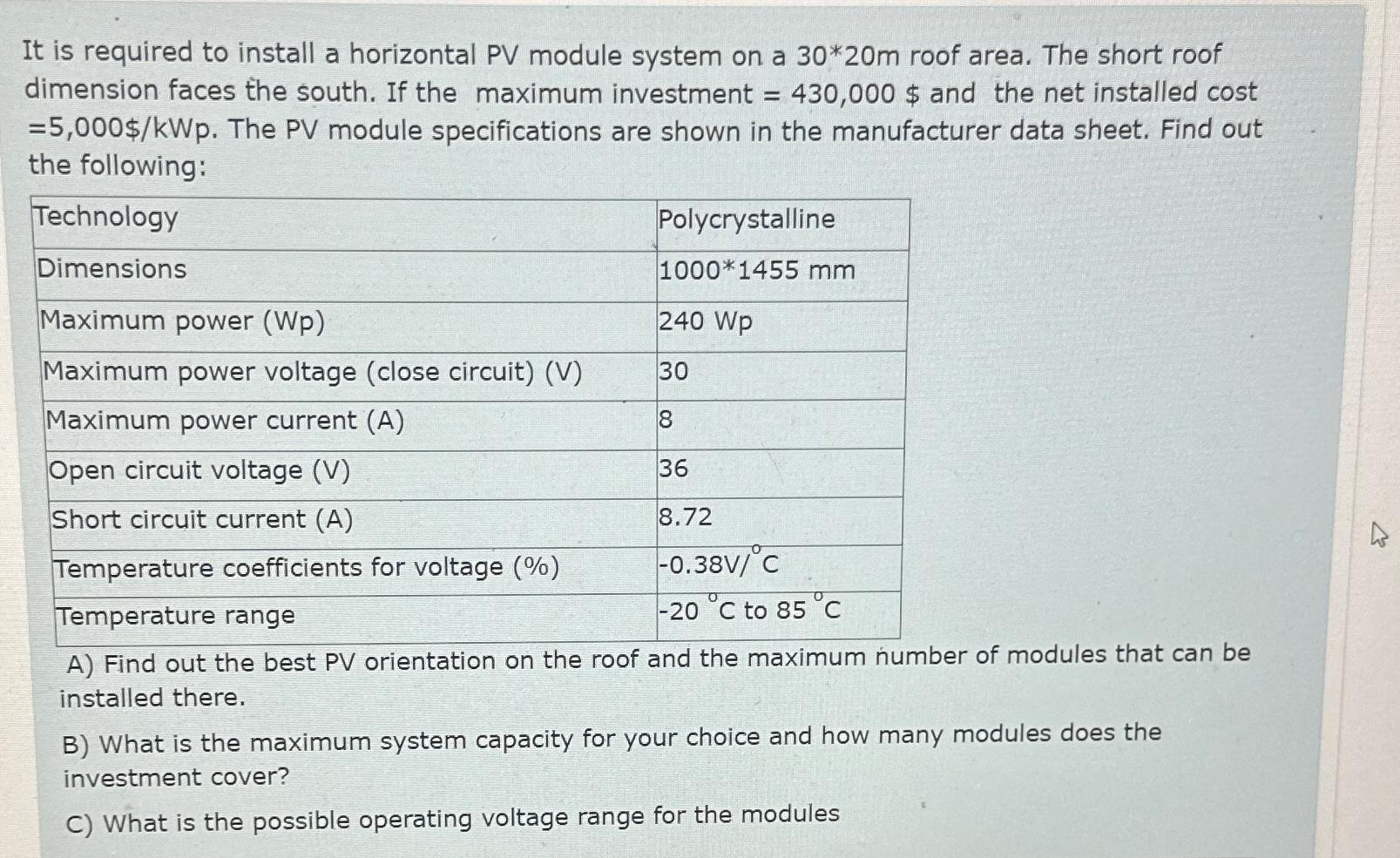 Solved It is required to install a horizontal PV module | Chegg.com