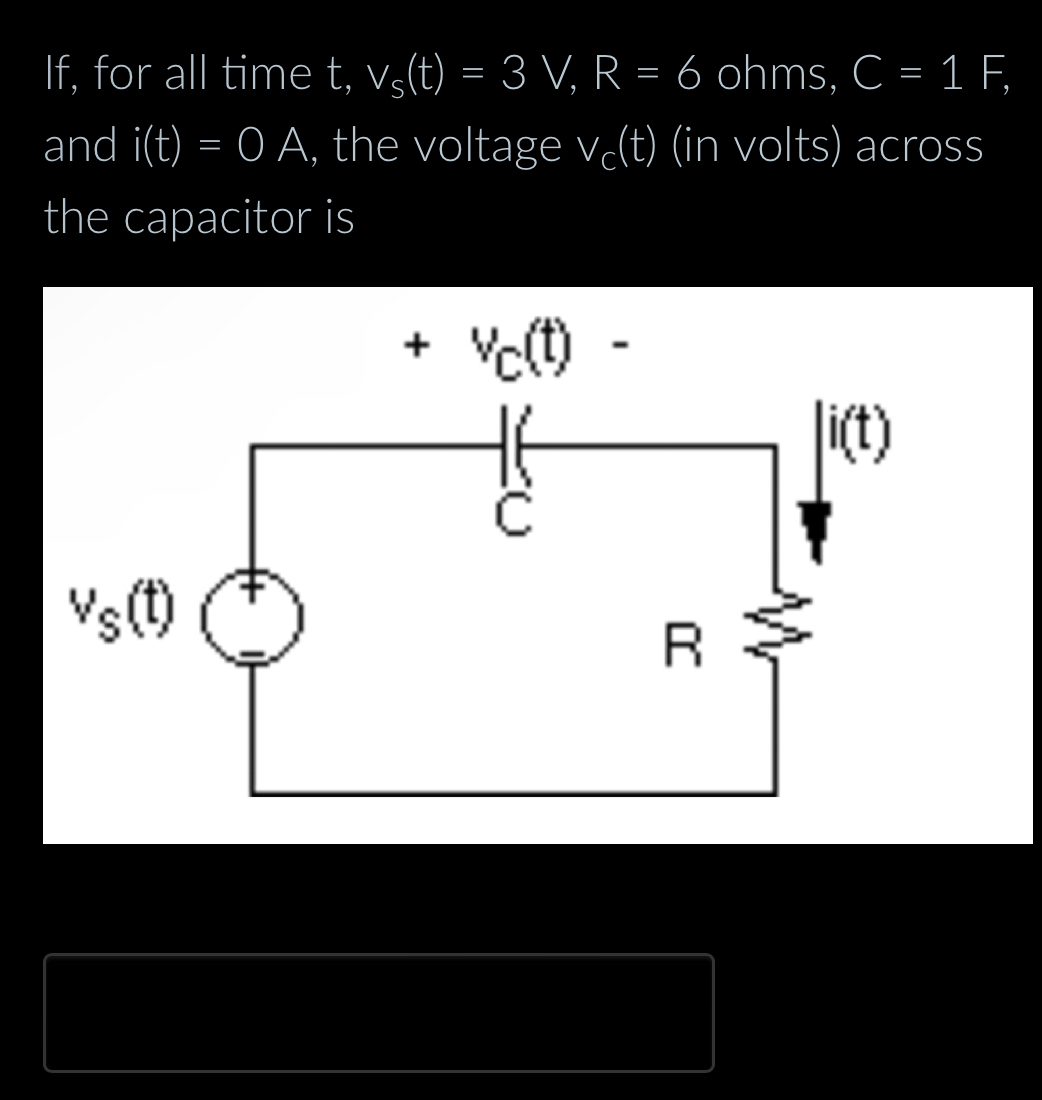Solved If, ﻿for all time t,vs(t)=3vv,R=6 ﻿ohms, C=1F, ﻿and | Chegg.com