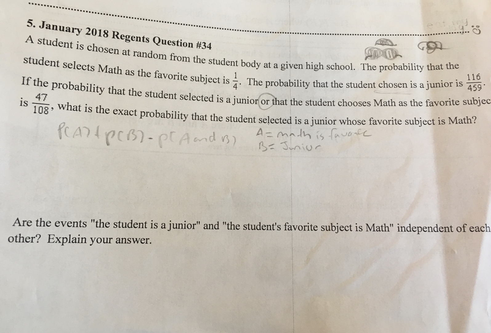 Solved January 2018 ﻿Regents Question #34A student is chosen | Chegg.com