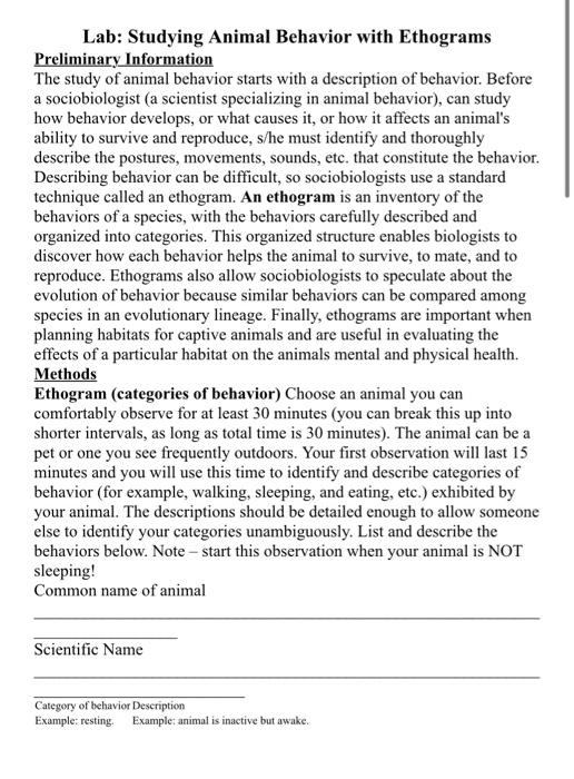 Solved Lab: Studying Animal Behavior with Ethograms | Chegg.com