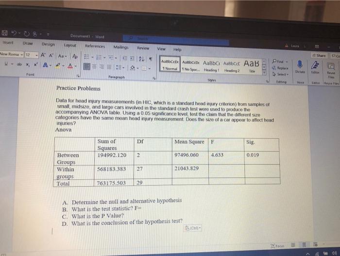 Solved Documenti Word Insert Draw Design Layout References | Chegg.com