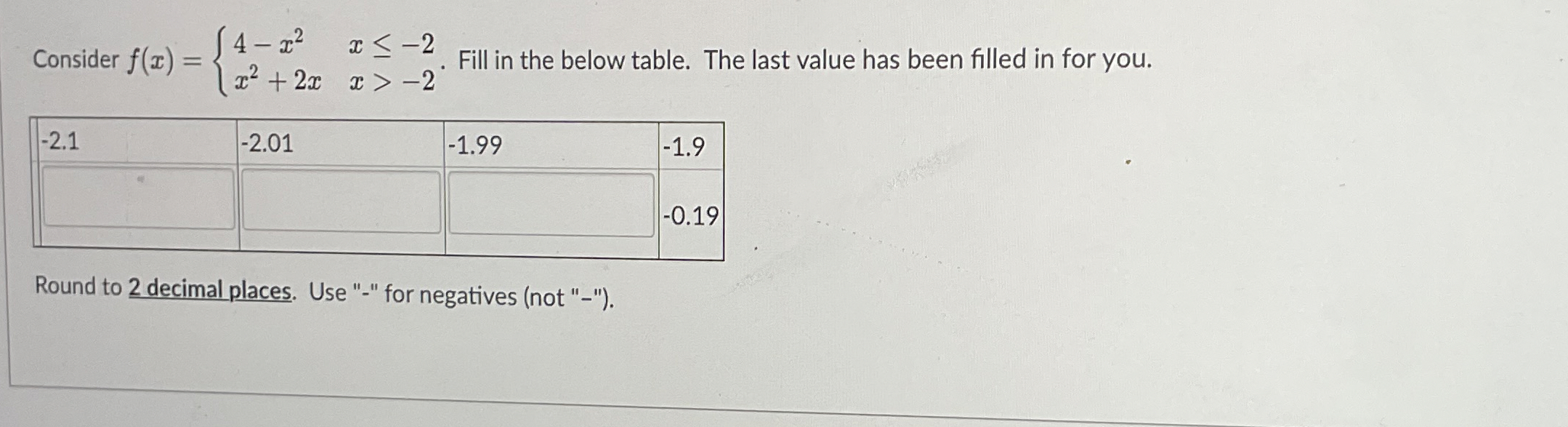 Solved Consider f(x)={4-x2,x≤-2x2+2x,x>-2. ﻿Fill in the | Chegg.com