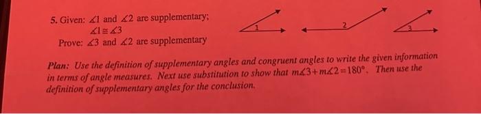 Solved 5. Given: ∠1 and ∠2 are supplementary; ∡1≅∡3 Prove: | Chegg.com