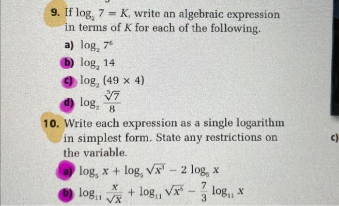 Solved 9. If log27=K, write an algebraic expression in terms | Chegg.com