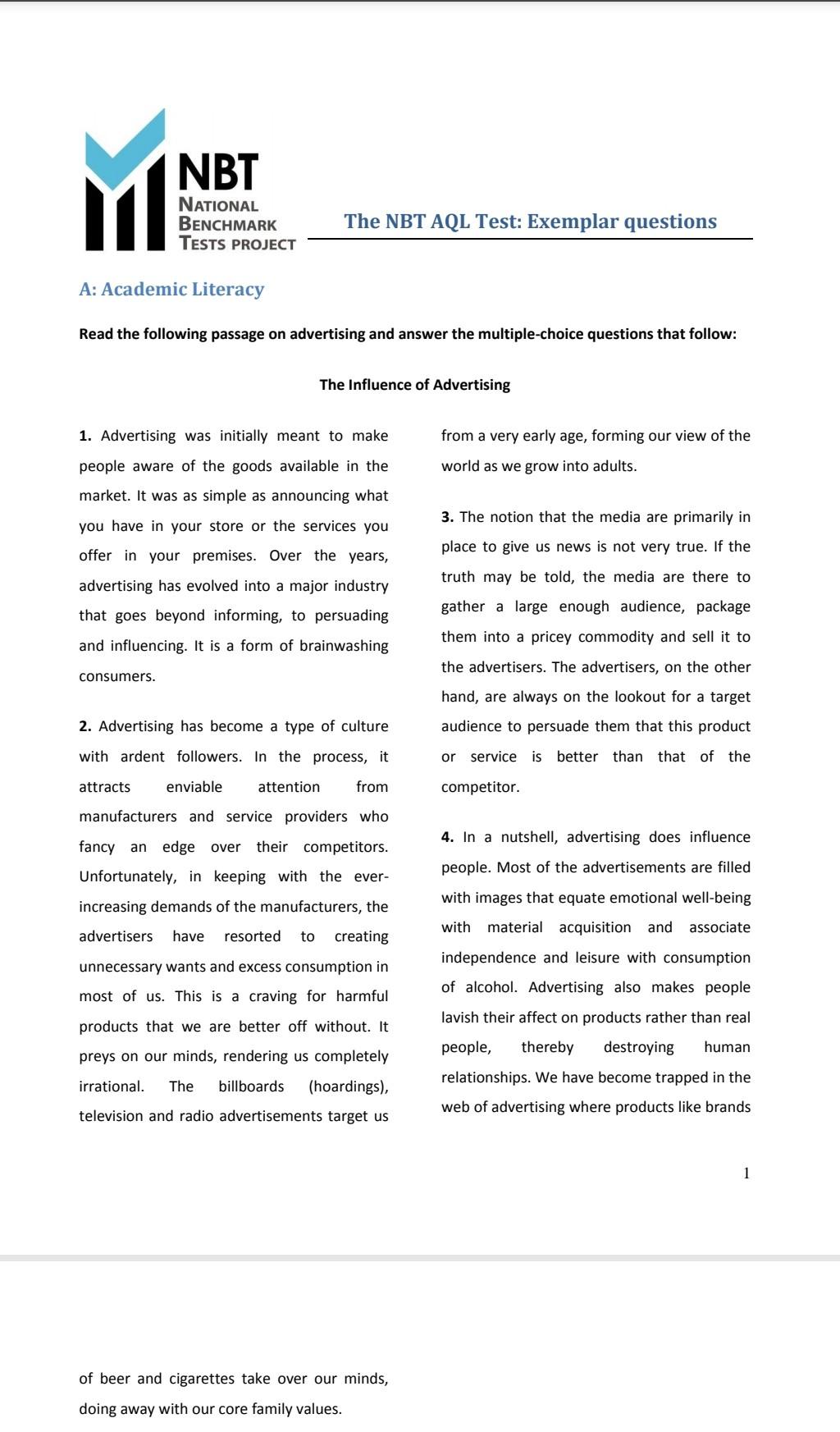 Solved NBT NATIONAL BENCHMARK TESTS PROJECT The NBT AQL | Chegg.com