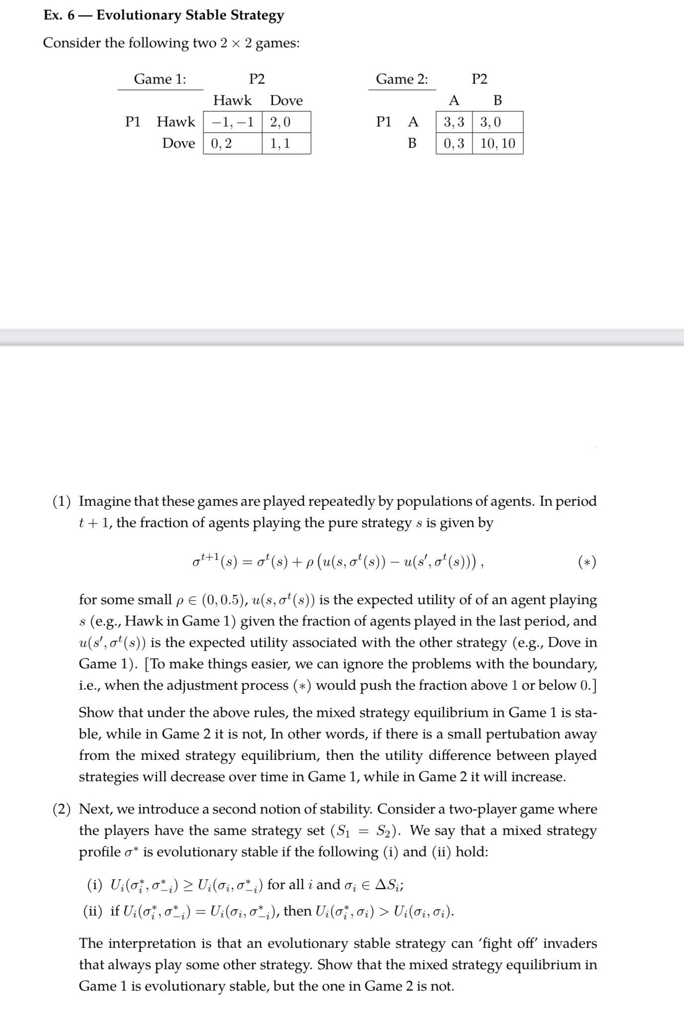 Solved Ex. 6 - ﻿Evolutionary Stable StrategyConsider the | Chegg.com