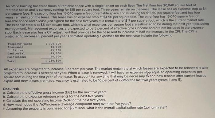 Solved An office building has three floors of rentable space | Chegg.com