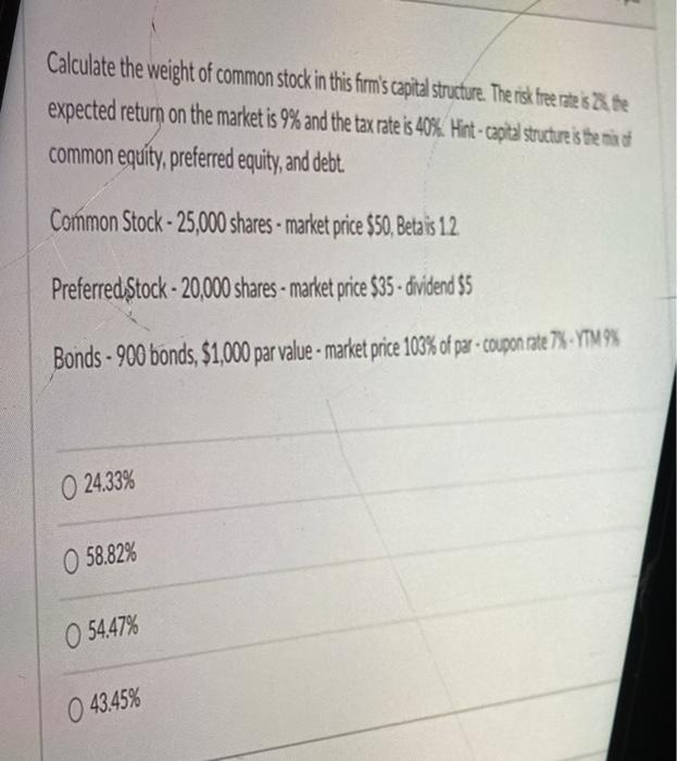 Solved Calculate the weight of common stock in this firm's | Chegg.com