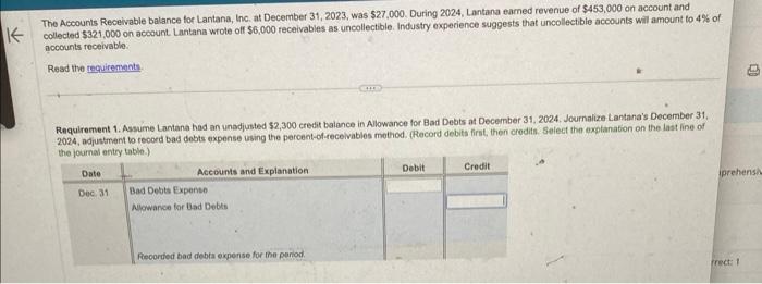 Solved The Accounts Receivable balance for Lantana, Inc. at | Chegg.com