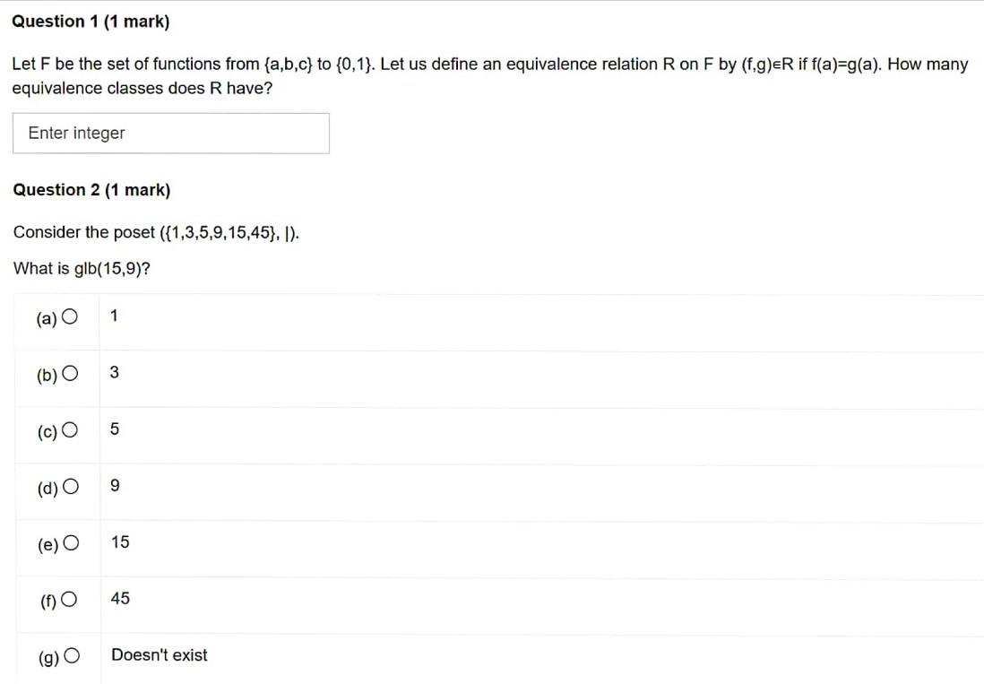 Solved Question 1 1 Mark Let F Be The Set Of Functions Chegg