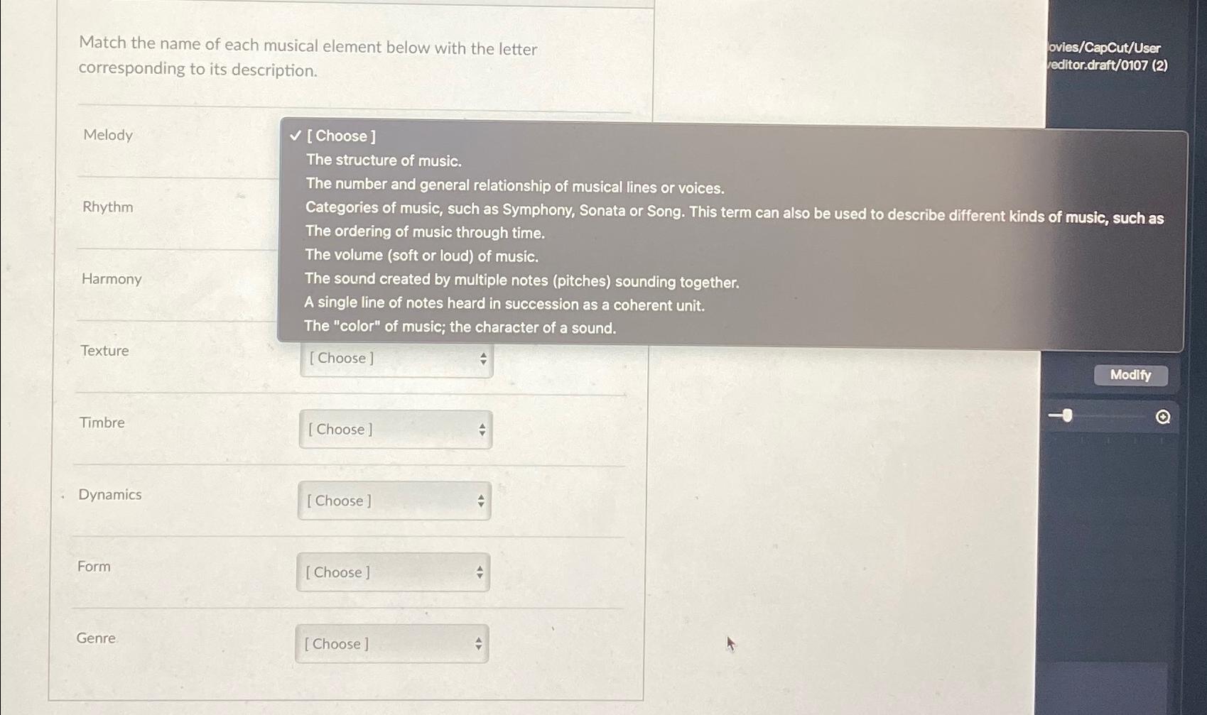 Solved Match the name of each musical element below with the | Chegg.com