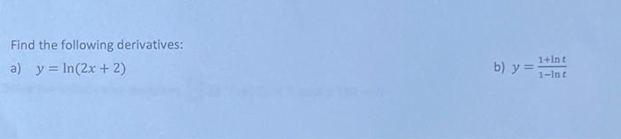 Solved Find the following derivatives: a) y=ln(2x+2) b) | Chegg.com