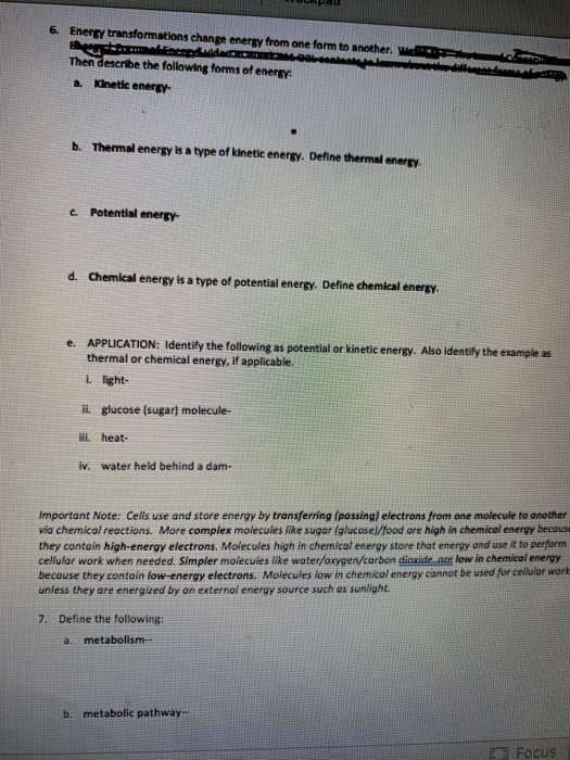 Solved 6. Energy transformations change energy from one form | Chegg.com