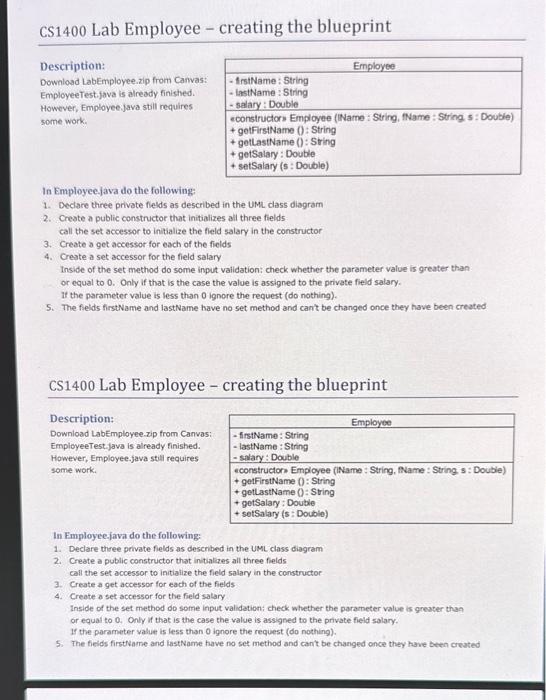 Solved cS1400 Lab Employee - creating the blueprint | Chegg.com