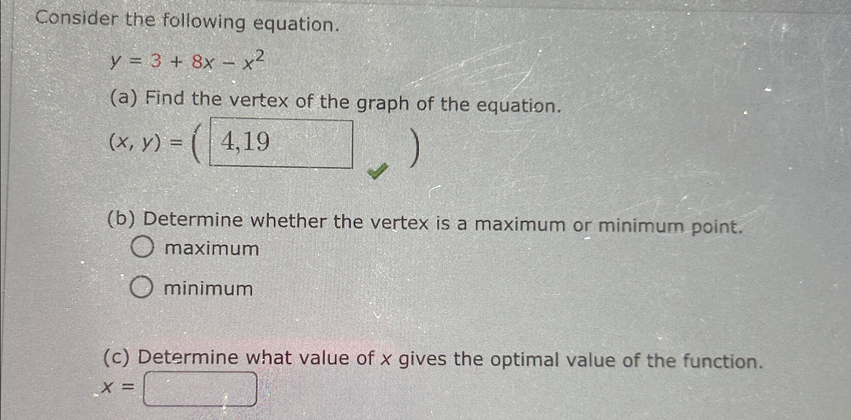 Solved Consider the following equation.y=3+8x-x2(a) ﻿Find | Chegg.com