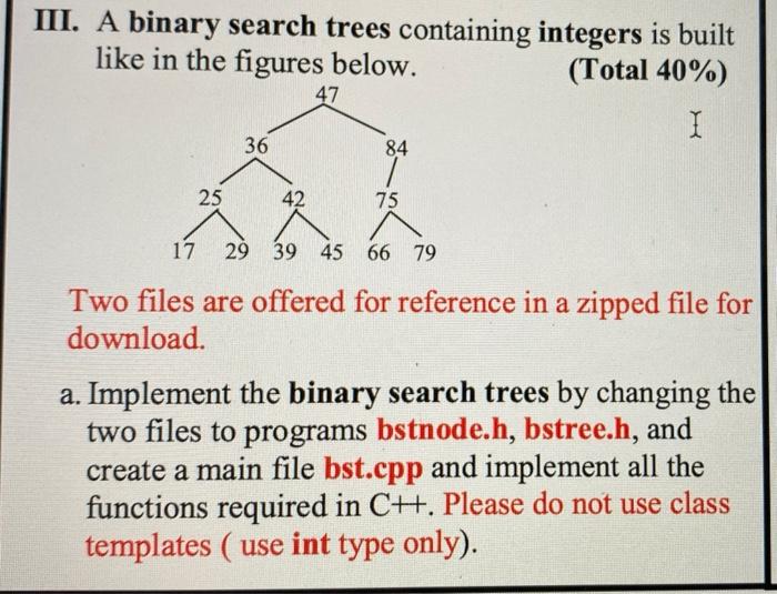 Solved III. A binary search trees containing integers is | Chegg.com