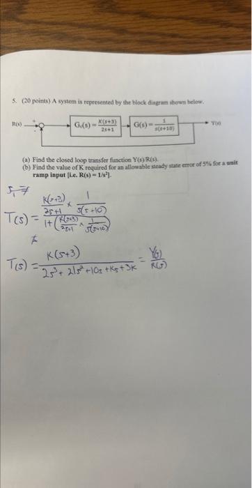 Solved 5. (20 points) A system is represented toy the biock | Chegg.com