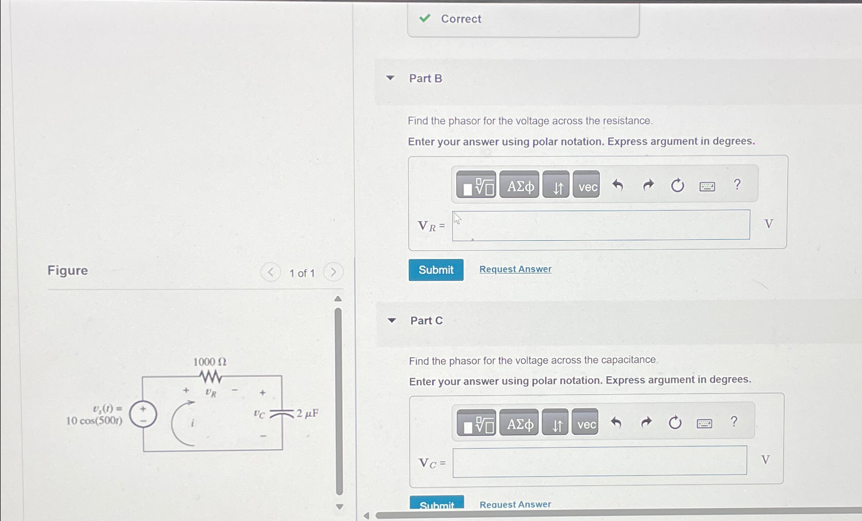 Solved CorrectPart BFind the phasor for the voltage across | Chegg.com