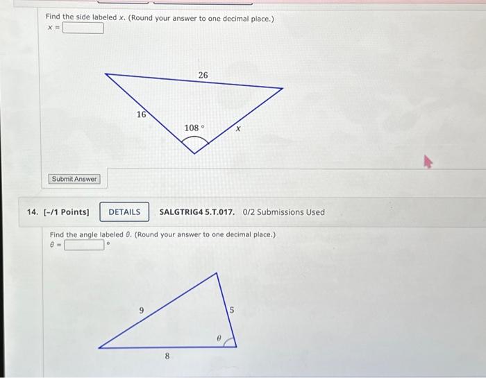 Solved Find the side labeled x. (Round your answer to one | Chegg.com