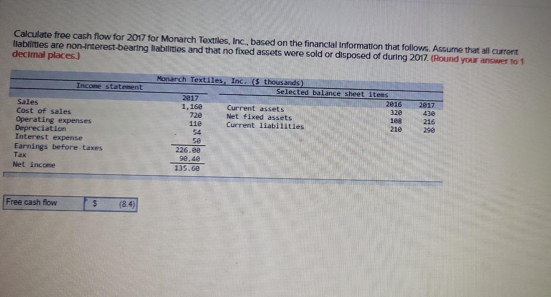 Solved Calculate free cash flow for 2017 for Monarch | Chegg.com