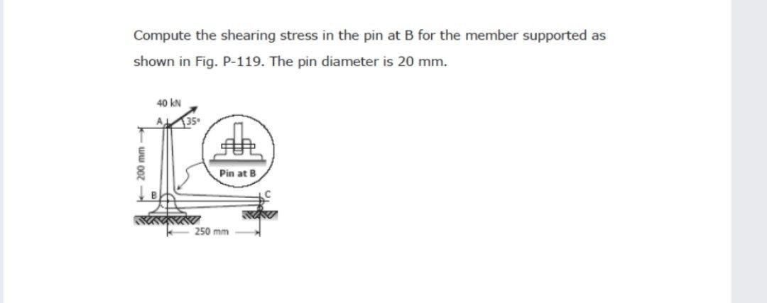Solved Compute the shearing stress the pin at B for the | Chegg.com