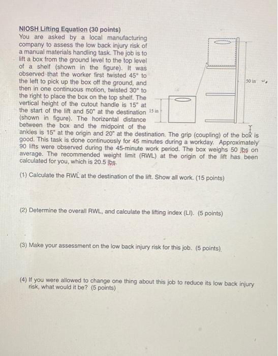 Solved NIOSH Lifting Equation (30 points) You are asked by a | Chegg.com
