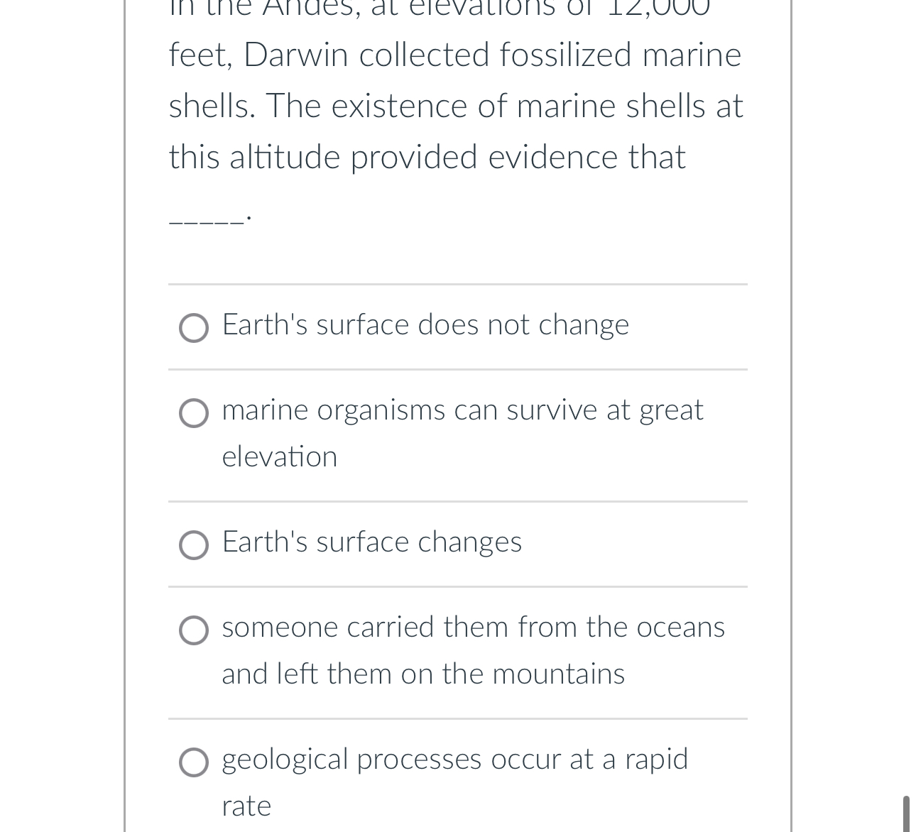 Solved feet, Darwin collected fossilized marine shells. The | Chegg.com
