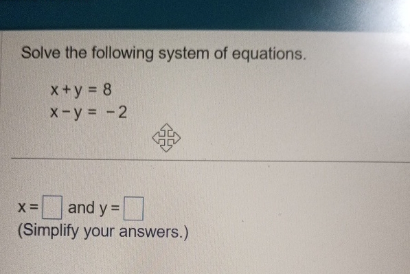 Solved Solve the following system of equations.x+y=8x-y=-2x= | Chegg.com