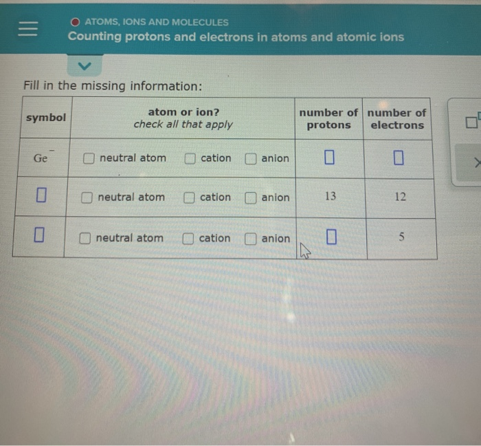 Solved O ATOMS, IONS AND MOLECULES Counting protons and | Chegg.com