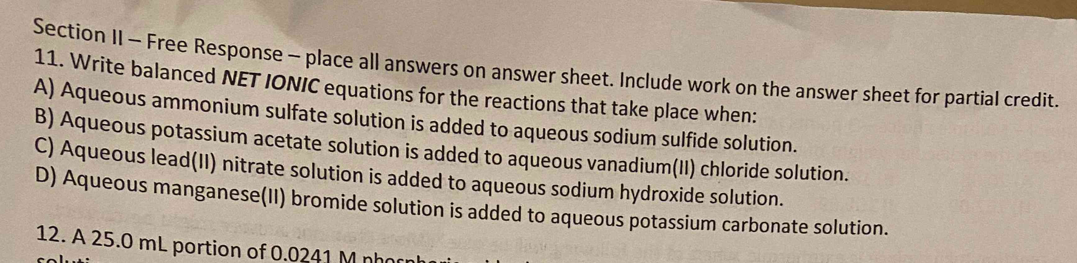 Solved Write balanced NET IONIC equations for the reactions | Chegg.com
