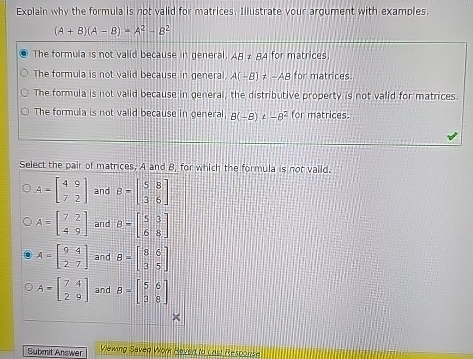 Solved Explain why the formula is not yalid for matrices; | Chegg.com
