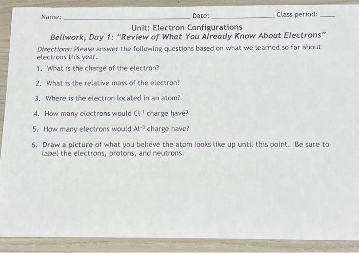 Solved Unit: Electron Configurations Bellwork, Day 1: | Chegg.com