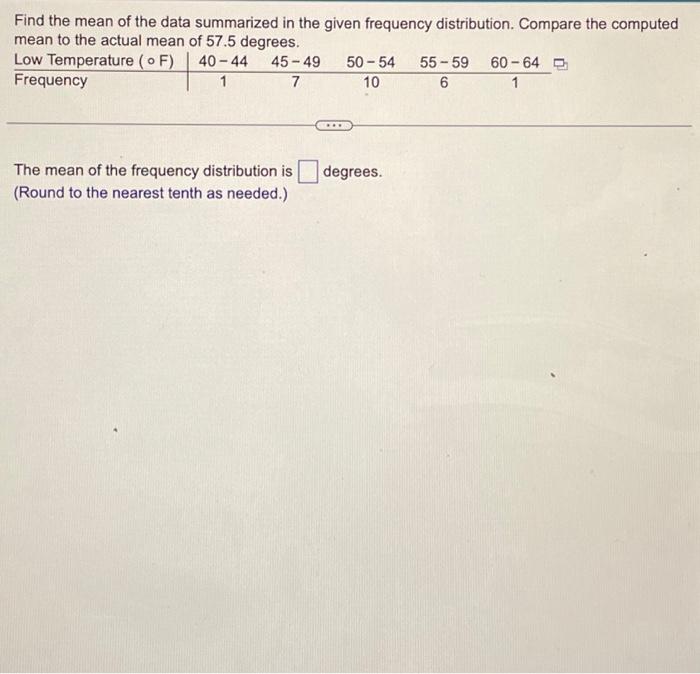 Solved Find the mean of the data summarized in the given | Chegg.com