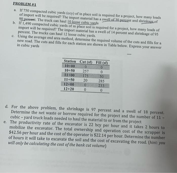 Solved PROBLEM #1 a. If 750 compacted cubic yards (ccy) of | Chegg.com