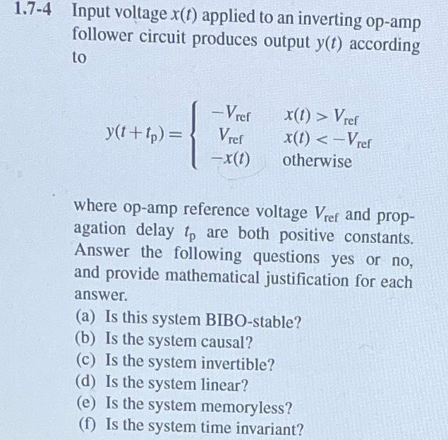 Solved 1.7-9 Repeat Prob. 1.7-4 for a system with input x(t) | Chegg.com