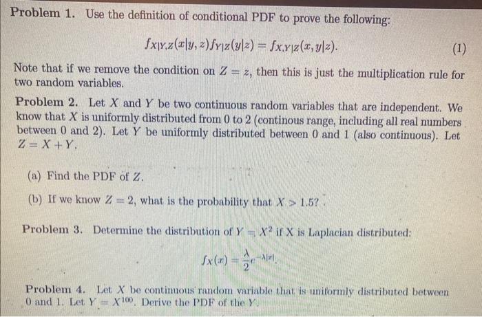 Problem 1. Use the definition of conditional PDF to | Chegg.com
