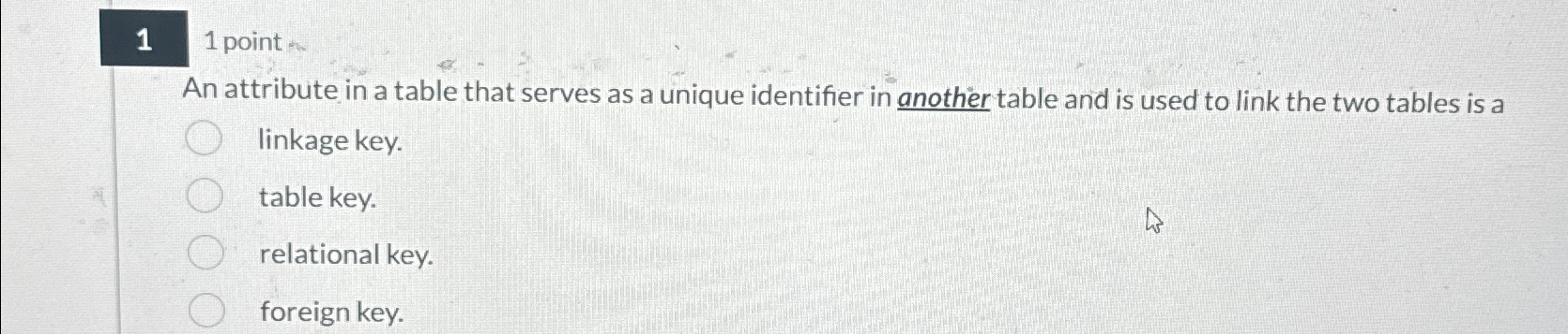 Solved 11 ﻿pointAn attribute in a table that serves as a | Chegg.com