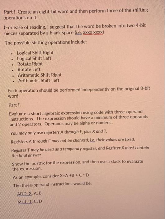 Solved Part I. Create an eight-bit word and then perform | Chegg.com