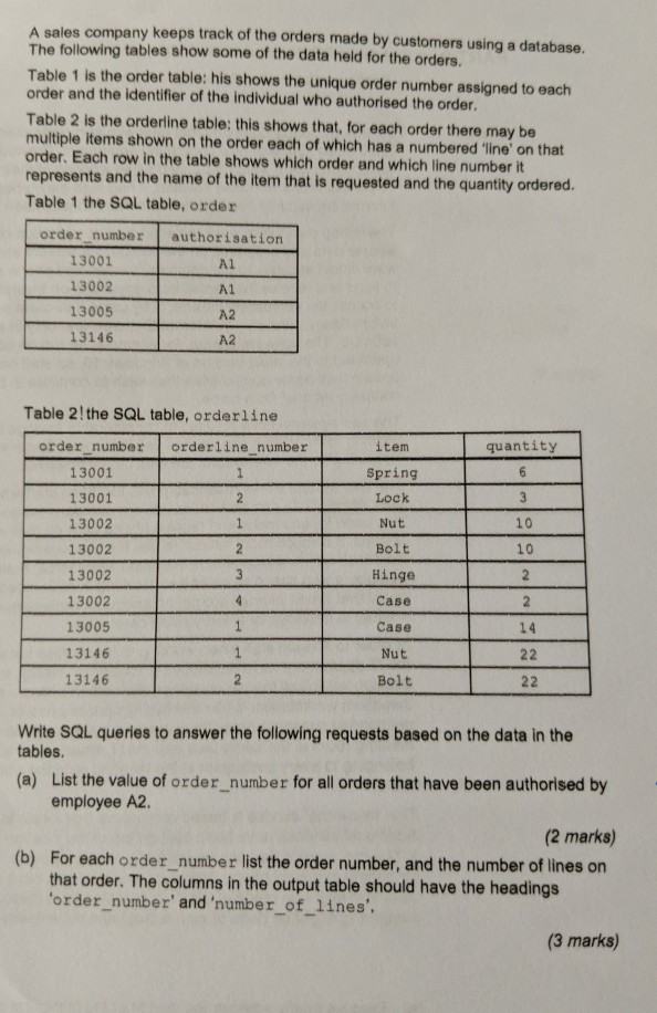Solved A sales company keeps track of the orders made by | Chegg.com