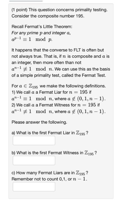 Solved (1 point) This question concerns primality testing. | Chegg.com