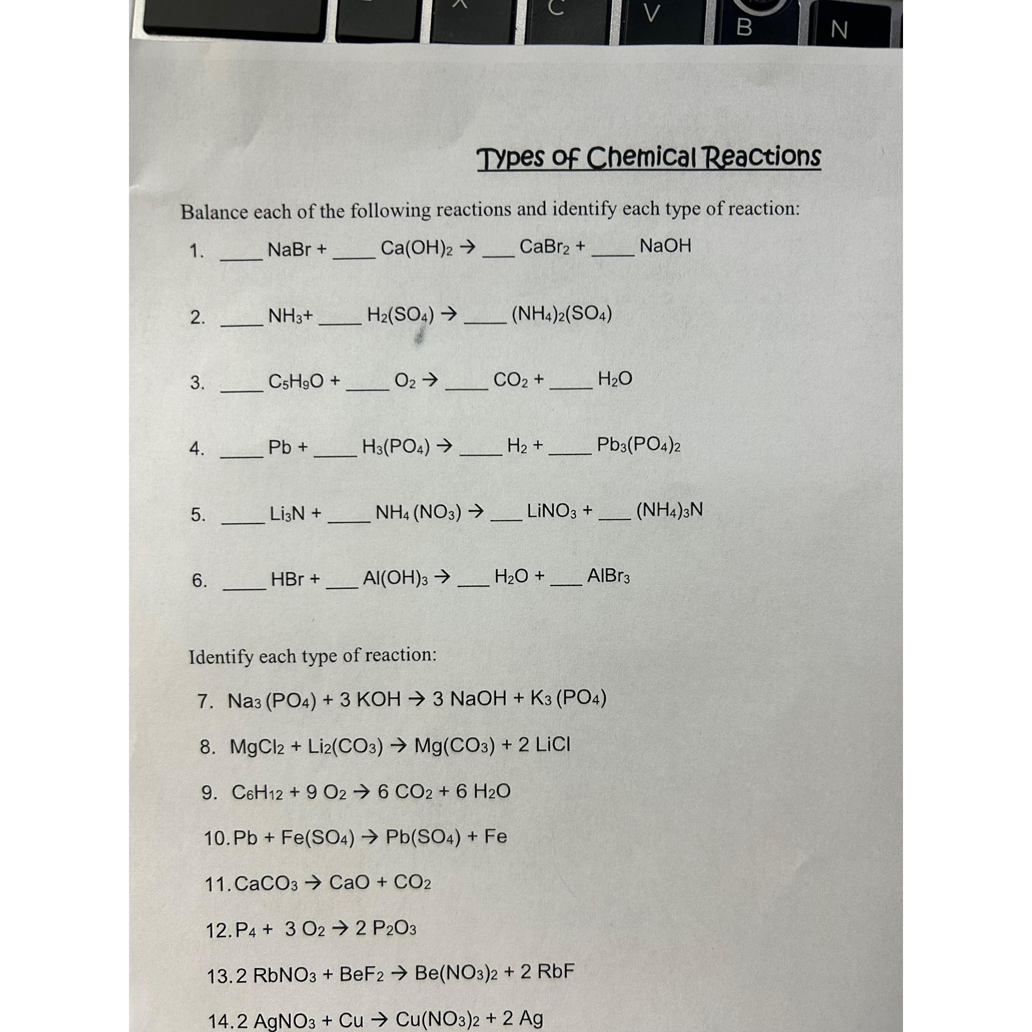 Solved Types of Chemical ReactionsBalance each of the | Chegg.com
